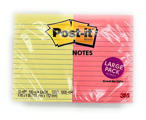 Post-it Notes, 4 x 6 Inches, 1000 Sheets, Assorted Colors, 10 Pads