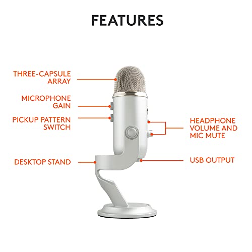 Blue Yeti USB Microphone for PC, Mac, Gaming, Recording, Streaming, Podcasting, Studio and Computer Condenser Mic with Blue VO!CE effects, 4 Pickup Patterns, Plug and Play β Silver