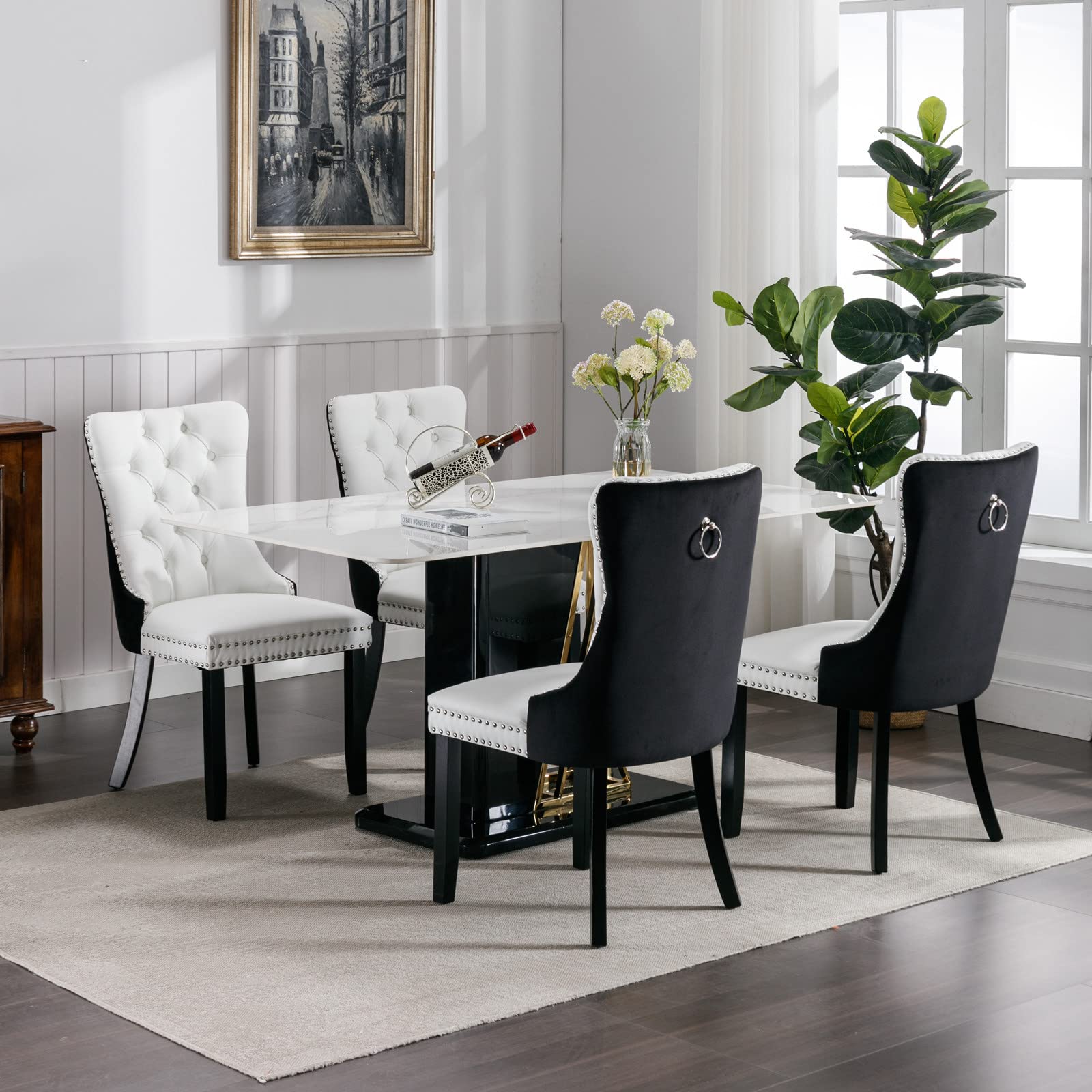 LKTART Dining Chairs Set of 6 PU and Velvet Upholstered Tufted Back with Nailhead Trim and Back Ring Pull Solid Wood Legs for Kitchen Bedroom Dining Room White + Black