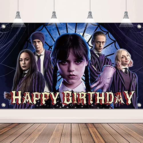 Wednesday New Addams Party Supplies, Happy Birthday Backdrop for Wednesday Party Decorations, 5 x 3FT Birthday Banner for Girls Boys Kids Birthday Party Decor