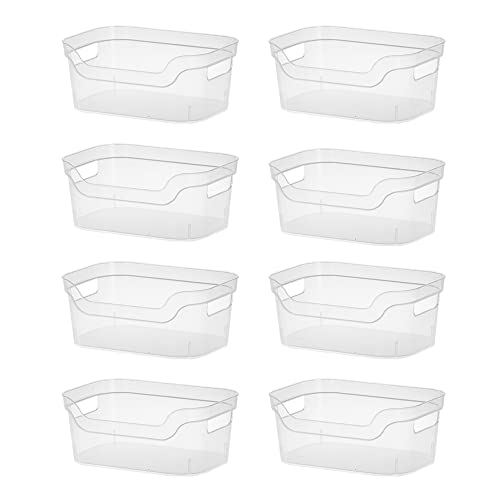 Sterilite 5.25x9.5x13 In Medium Polished Open Scoop Front Storage Bin w/Comfortable Carry Through Handles for Household Organization, Clear (8 Pack)