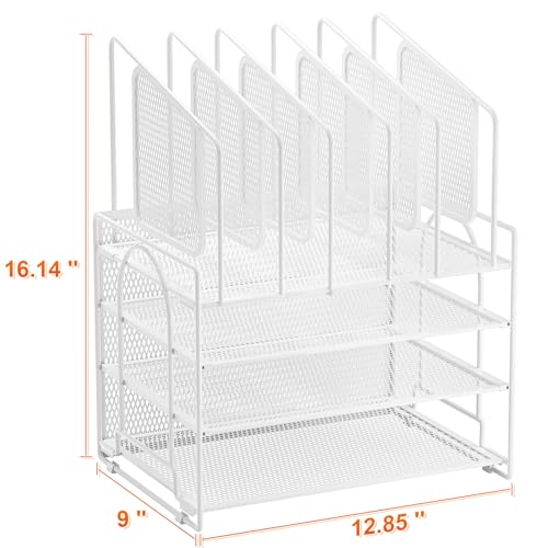 Marbrasse Mesh Desk Organizer, 4-Tier Mesh Desk File Organizer with 5 Vertical File Holders, Multifunction Desktop Organizer, Desk Organizers and Accessories for Home Office School,White