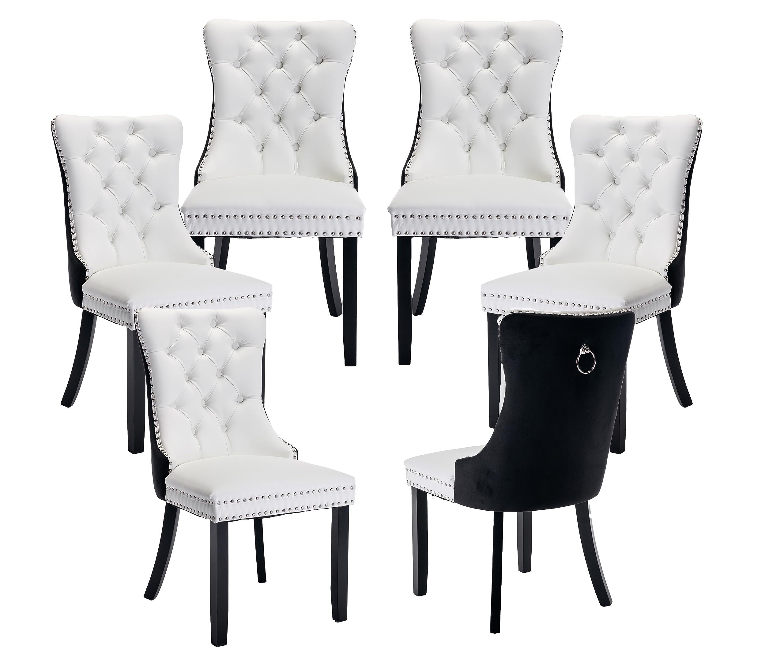 LKTART Dining Chairs Set of 6 PU and Velvet Upholstered Tufted Back with Nailhead Trim and Back Ring Pull Solid Wood Legs for Kitchen Bedroom Dining Room White + Black