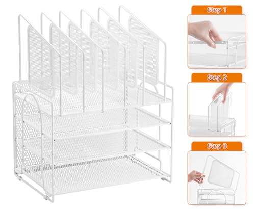 Marbrasse Mesh Desk Organizer, 4-Tier Mesh Desk File Organizer with 5 Vertical File Holders, Multifunction Desktop Organizer, Desk Organizers and Accessories for Home Office School,White