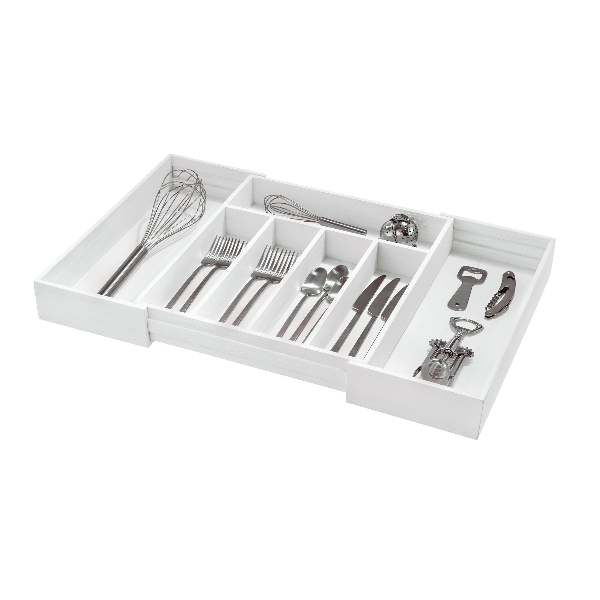 iDesign Renewable Paulownia Wood Collection Expandable Flatware and Cutlery Tray, 15" x 12"-22", White Wash