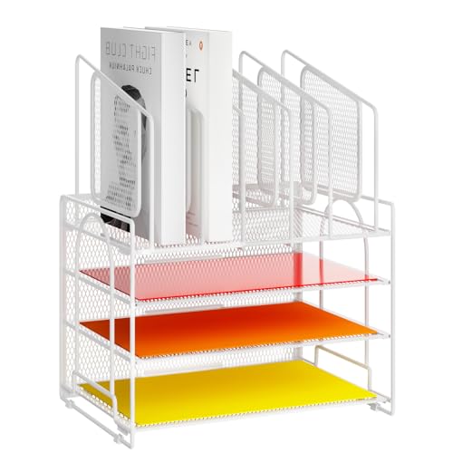 Marbrasse Mesh Desk Organizer, 4-Tier Mesh Desk File Organizer with 5 Vertical File Holders, Multifunction Desktop Organizer, Desk Organizers and Accessories for Home Office School,White