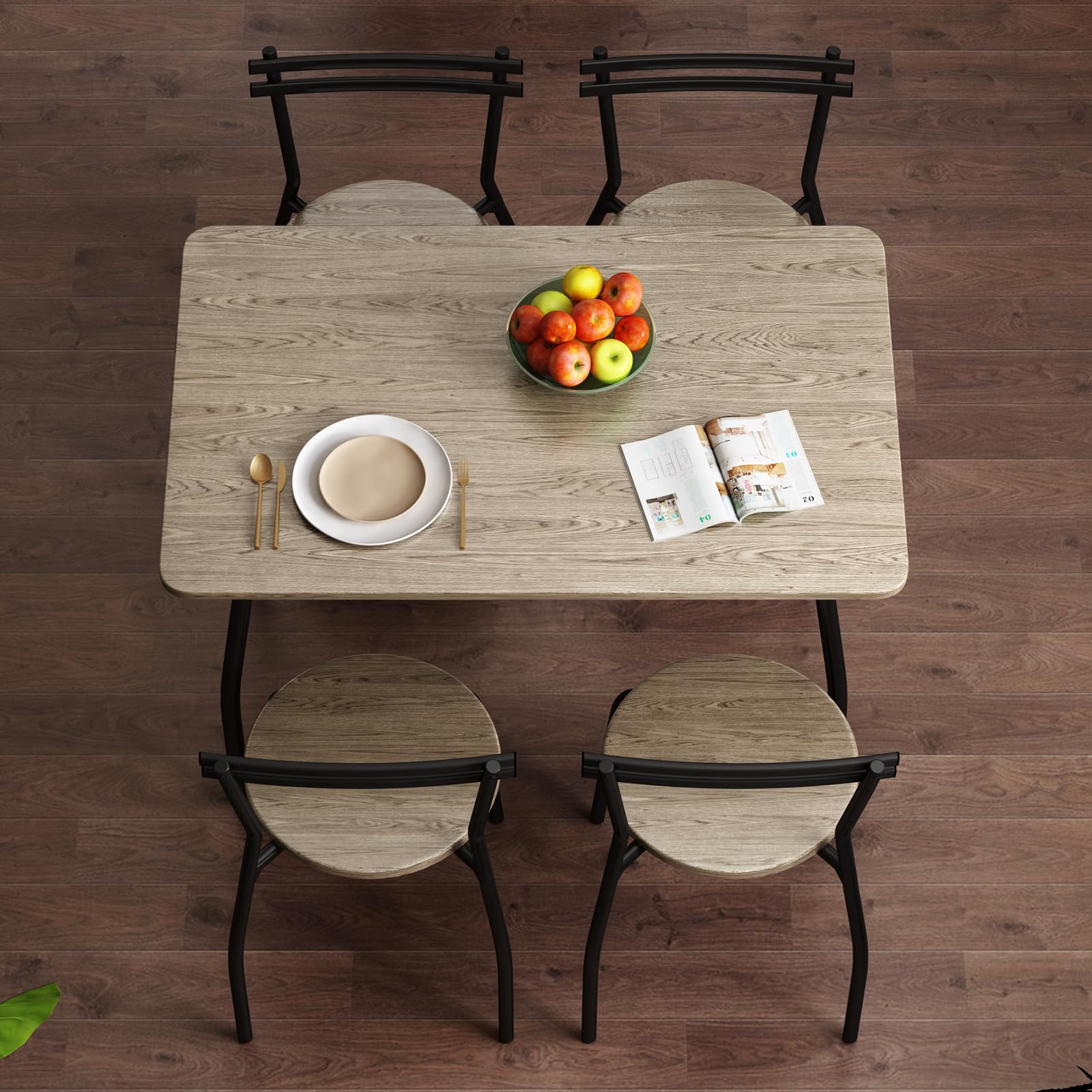 REHOOPEX Dining Table Set for 4, 5-Piece Kitchen Table and Chairs for 4, Metal Frame with Wood Top, Modern Small Dining Table Set Ideal for Dining Room, Small Space, Apartment (Black+Wood)