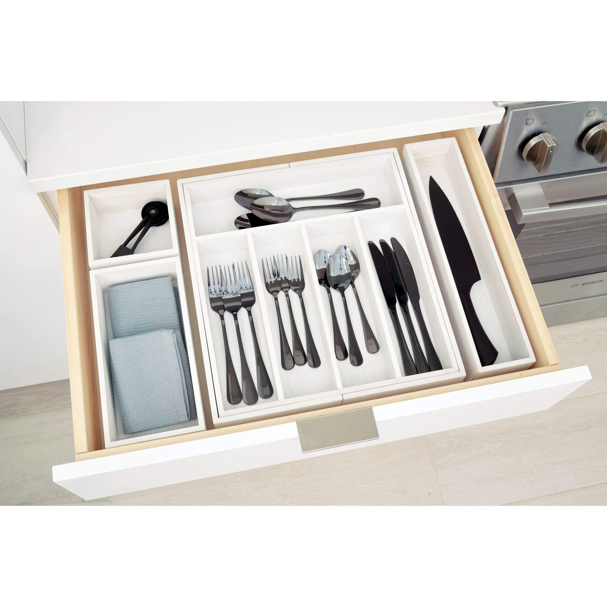 iDesign Renewable Paulownia Wood Collection Expandable Flatware and Cutlery Tray, 15" x 12"-22", White Wash