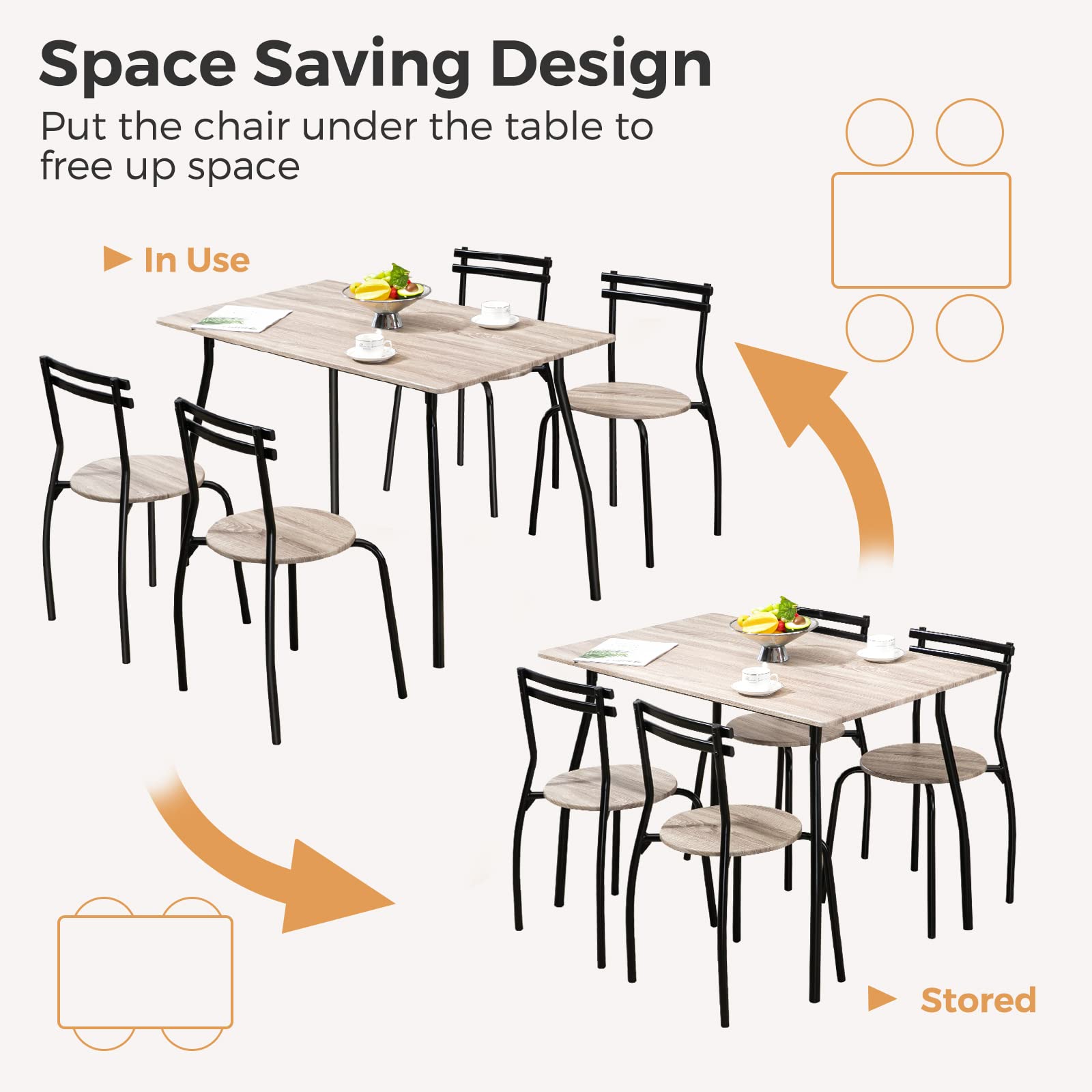 REHOOPEX Dining Table Set for 4, 5-Piece Kitchen Table and Chairs for 4, Metal Frame with Wood Top, Modern Small Dining Table Set Ideal for Dining Room, Small Space, Apartment (Black+Wood)