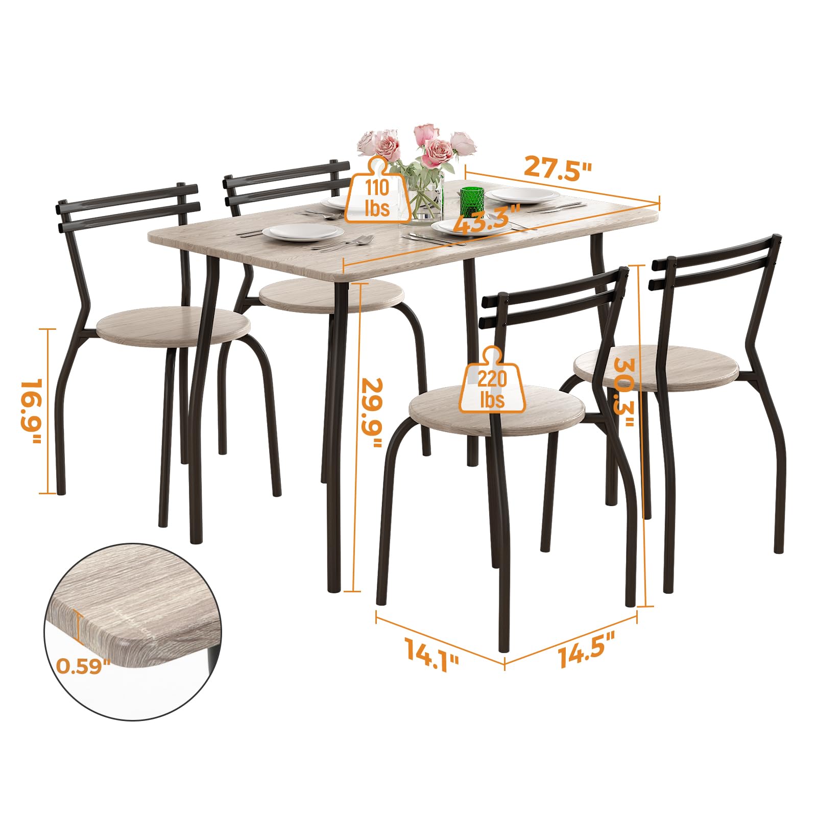 REHOOPEX Dining Table Set for 4, 5-Piece Kitchen Table and Chairs for 4, Metal Frame with Wood Top, Modern Small Dining Table Set Ideal for Dining Room, Small Space, Apartment (Black+Wood)