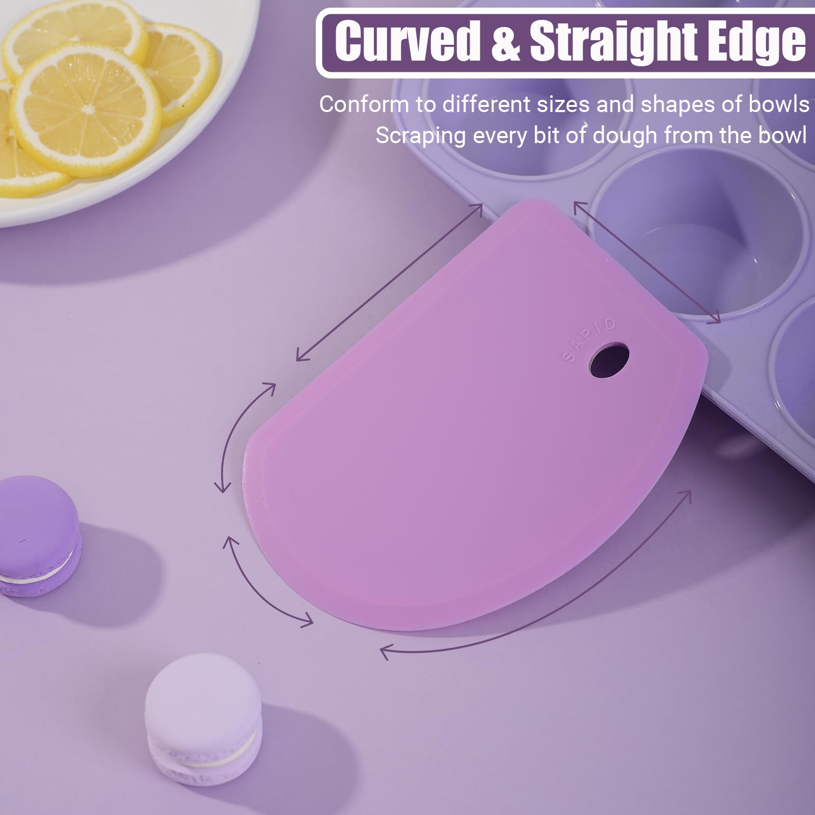 Sapid Silicone Bowl Scraper Flexible Curved Edge (5.98"×4.3"), Food Grade Bench Dough Scraper for Baking Sourdough Bread, Cake, Fondant Icing, Heat- Resistance Kitchen Dish Pan Scrapers (1, Purple)