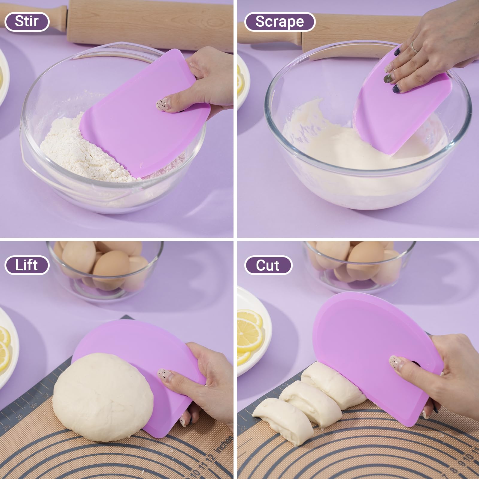 Sapid Silicone Bowl Scraper Flexible Curved Edge (5.98"×4.3"), Food Grade Bench Dough Scraper for Baking Sourdough Bread, Cake, Fondant Icing, Heat- Resistance Kitchen Dish Pan Scrapers (1, Purple)