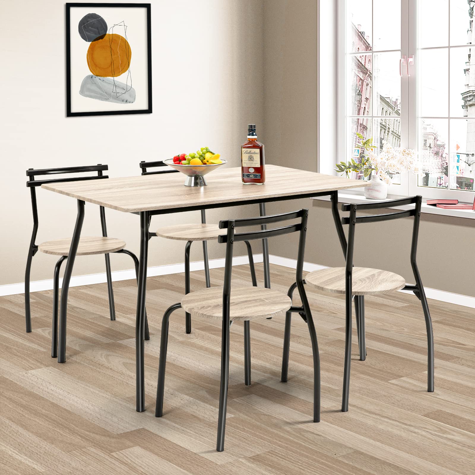 REHOOPEX Dining Table Set for 4, 5-Piece Kitchen Table and Chairs for 4, Metal Frame with Wood Top, Modern Small Dining Table Set Ideal for Dining Room, Small Space, Apartment (Black+Wood)