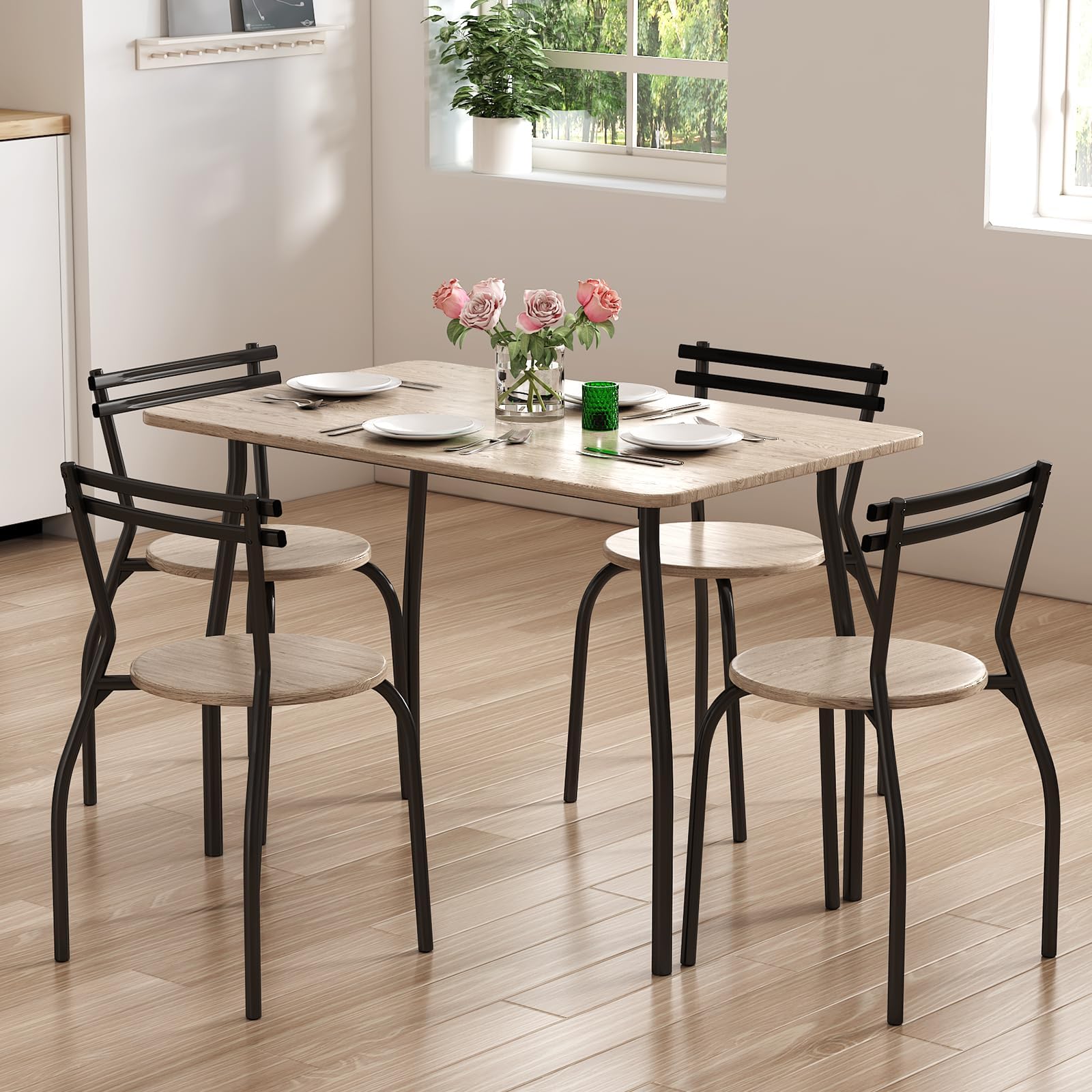 REHOOPEX Dining Table Set for 4, 5-Piece Kitchen Table and Chairs for 4, Metal Frame with Wood Top, Modern Small Dining Table Set Ideal for Dining Room, Small Space, Apartment (Black+Wood)