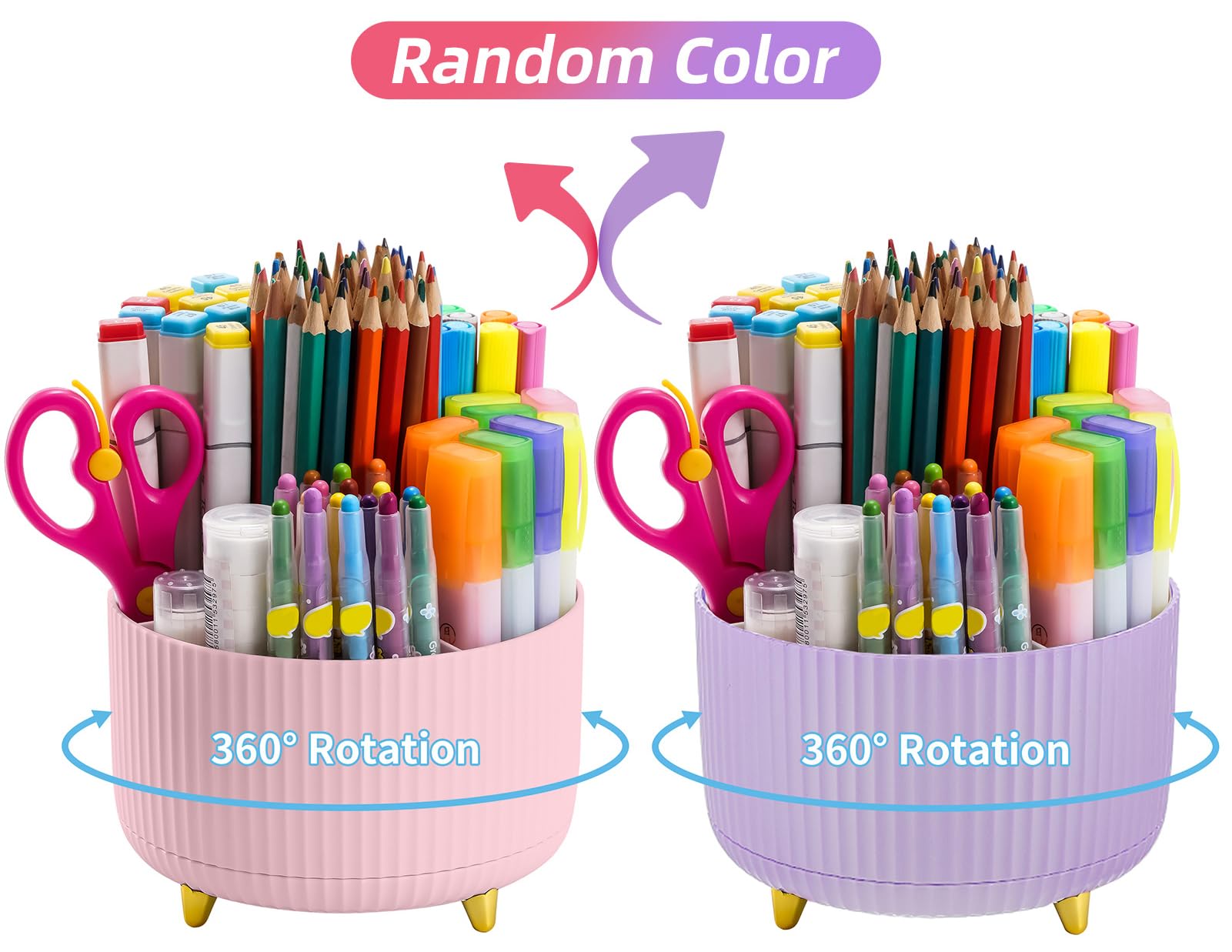 Marbrasse Desk Organizer, 360-Degree Rotating Pen Holder, Desk Organizers and Accessories with 5 Compartments Pencil Organizer, Art Supply Storage Box Caddy for Office, Home(Pink/Purple Random)