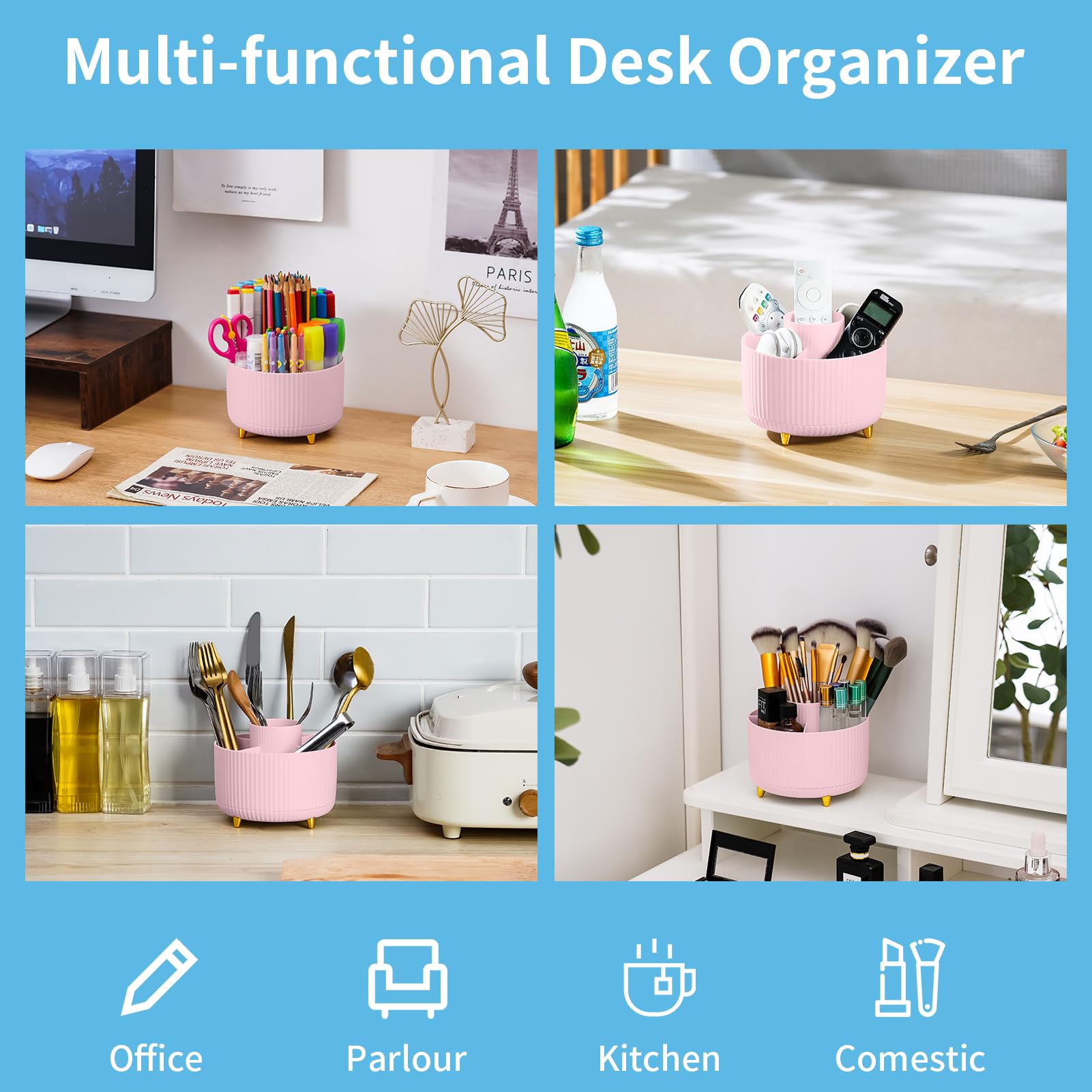 Marbrasse Desk Organizer, 360-Degree Rotating Pen Holder, Desk Organizers and Accessories with 5 Compartments Pencil Organizer, Art Supply Storage Box Caddy for Office, Home(Pink/Purple Random)