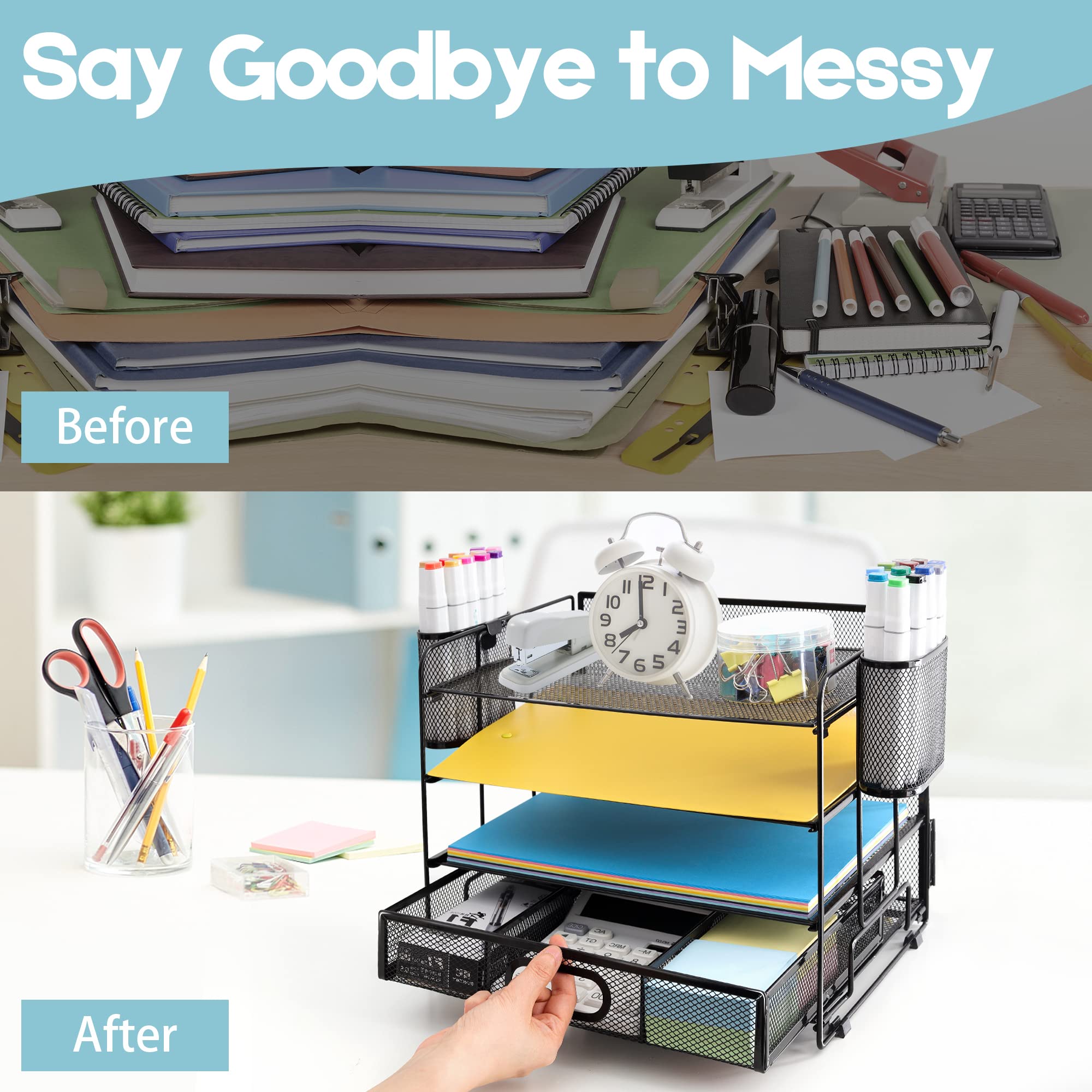 Zikopomi Black Professional Desk Organizer with 3 Compartments, Pen Holder, Drawer, Letter Tray for Office, School, Home