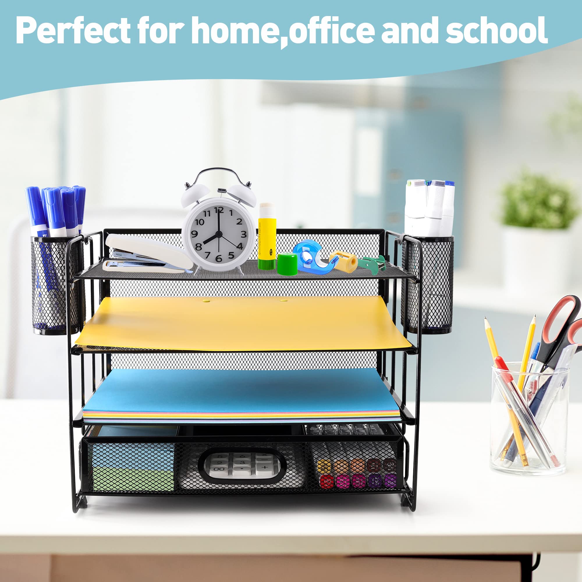 Zikopomi Black Professional Desk Organizer with 3 Compartments, Pen Holder, Drawer, Letter Tray for Office, School, Home