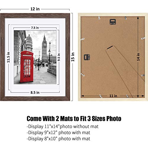 11x14 Rustic Picture Frames Solid Wood Distressed Brown Display Picture 9x12 or 8x10 with Mat or 11x14 Frame without Mat - Farmhouse Wooden Photo Frame 11x14 with 2 Mats for Wall Mounting or Table Top