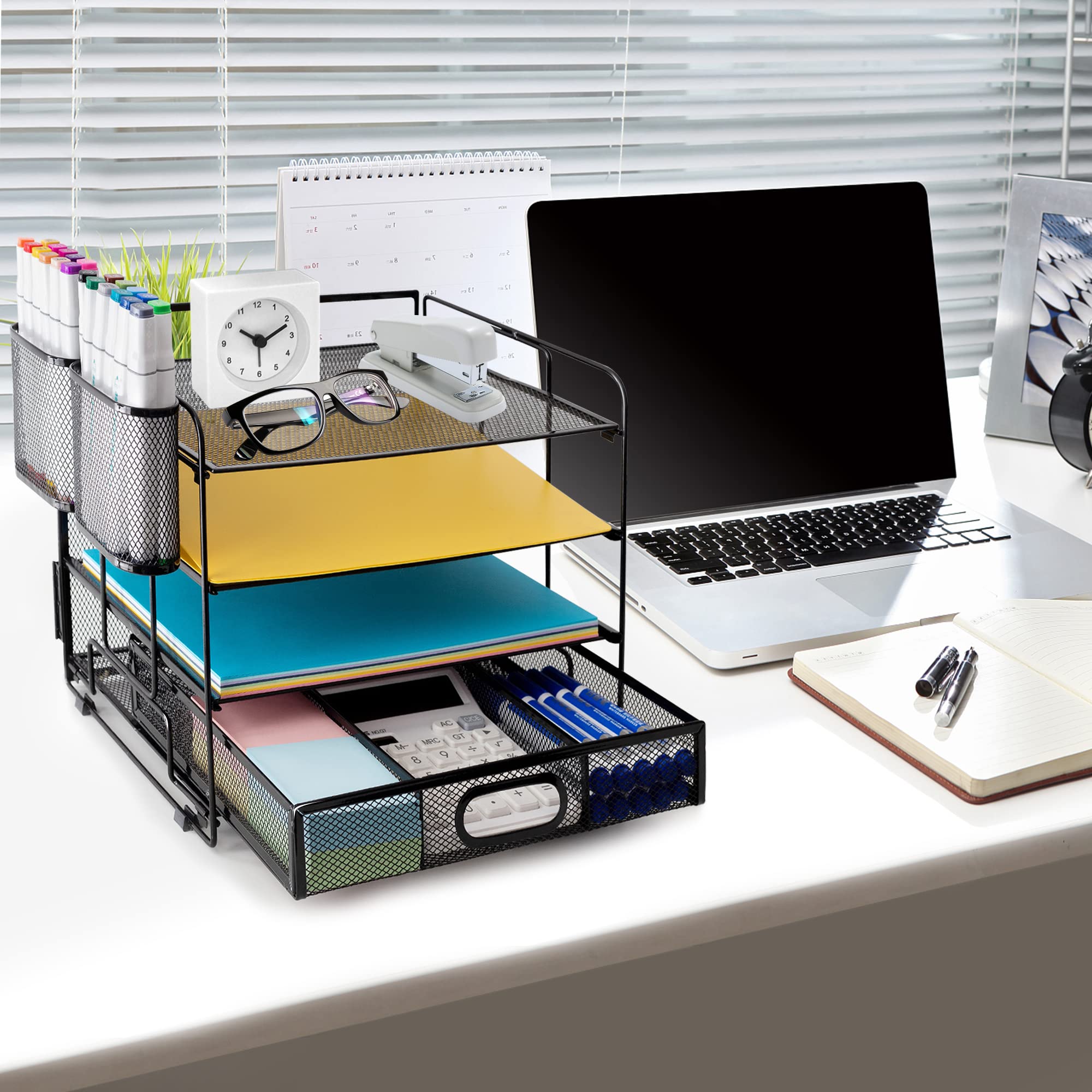 Zikopomi Black Professional Desk Organizer with 3 Compartments, Pen Holder, Drawer, Letter Tray for Office, School, Home