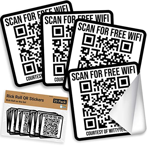 Ad-Free, Realistic 2x2IN Fake WiFi Rick Roll QR Code Stickers 25 Pack. Best Bulk Practical Joke Novelty Set for April Fools. Trick Friends and Family with Hilarious Vinyl Decal Meme Prank