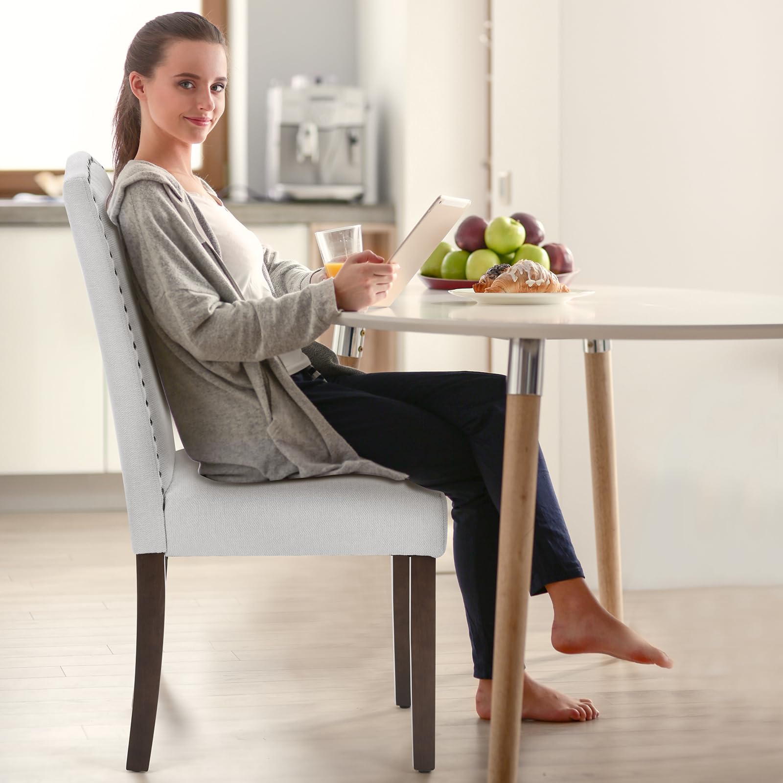 DUMOS Upholstered Dining Chairs Set of 6, Modern Fabric Dining Room Chair with Nailhead Trim and Wood Legs, Mid-Century Accent for Living Room, Kitchen, Grey