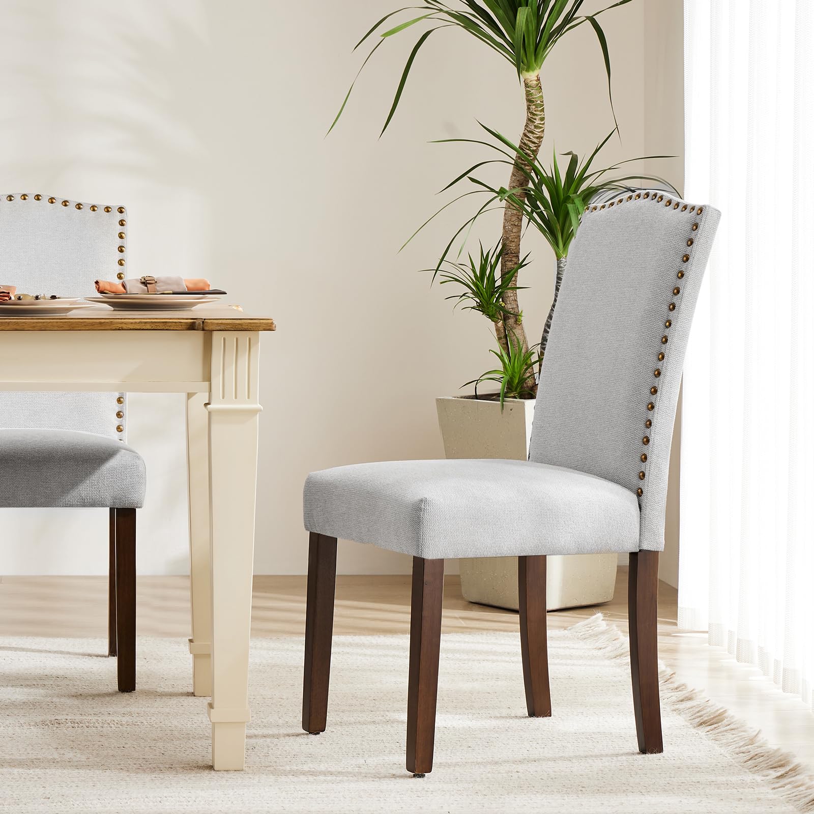 DUMOS Upholstered Dining Chairs Set of 6, Modern Fabric Dining Room Chair with Nailhead Trim and Wood Legs, Mid-Century Accent for Living Room, Kitchen, Grey