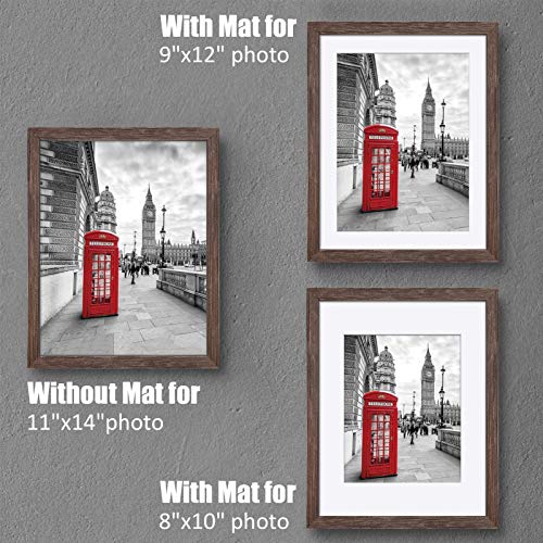 11x14 Rustic Picture Frames Solid Wood Distressed Brown Display Picture 9x12 or 8x10 with Mat or 11x14 Frame without Mat - Farmhouse Wooden Photo Frame 11x14 with 2 Mats for Wall Mounting or Table Top