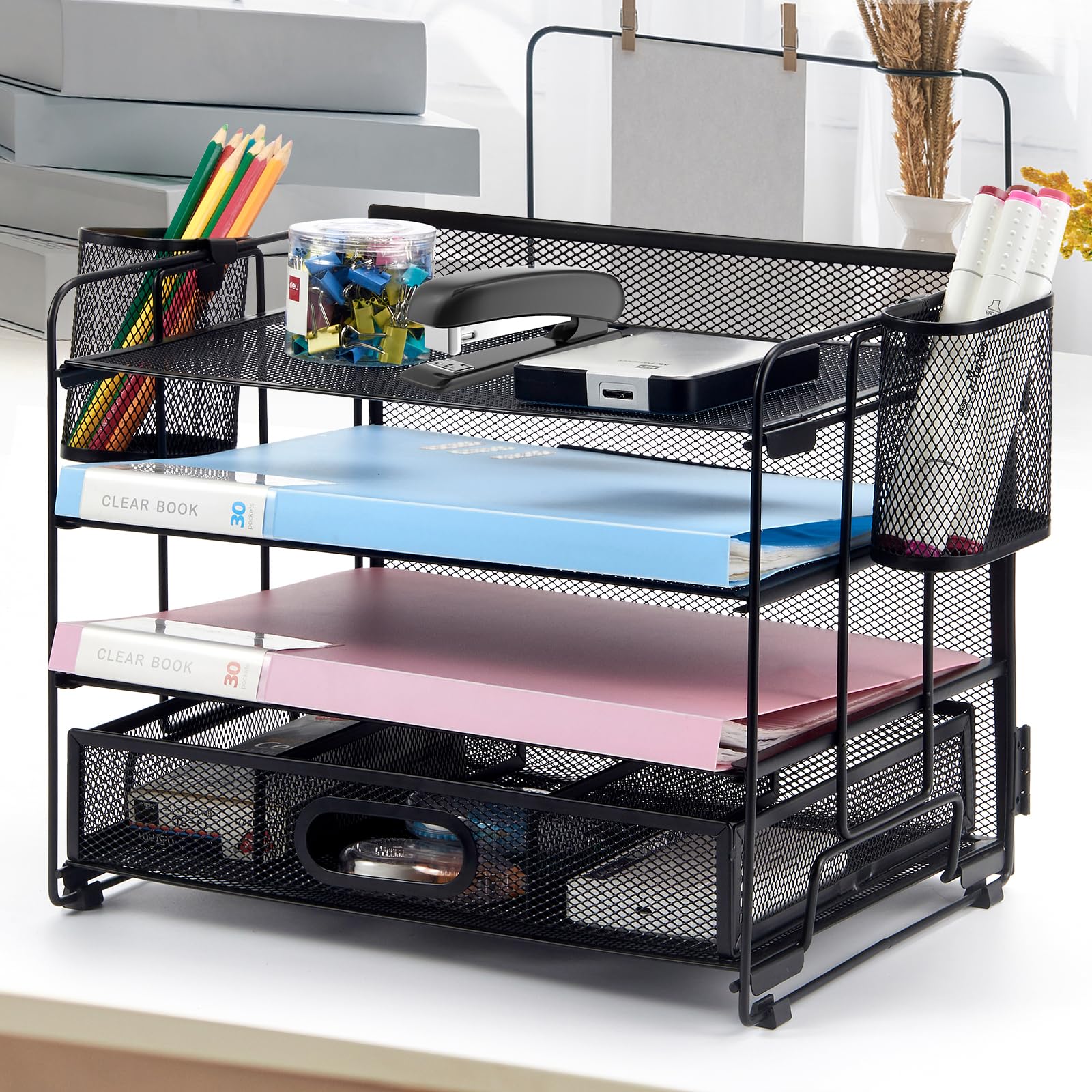 Zikopomi Black Professional Desk Organizer with 3 Compartments, Pen Holder, Drawer, Letter Tray for Office, School, Home