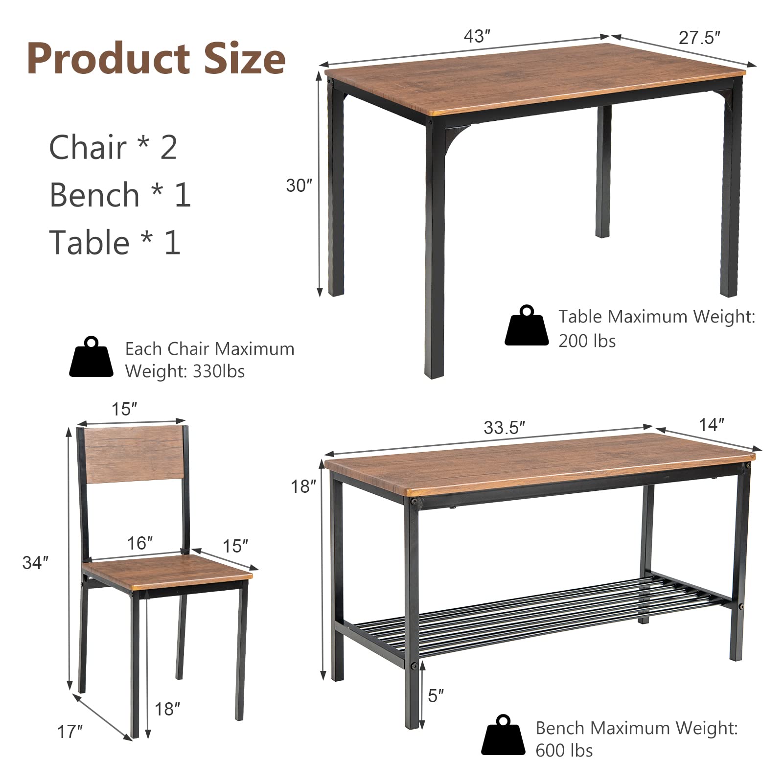 Tangkula Dining Table Set for 4, Kitchen Table and 2 Chairs for 4 with Bench, 4 Piece Dining Table Set for Small Space, Apartment