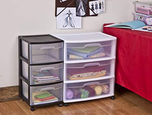 Sterilite 28309002 3 Drawer Cart, Black Frame with Clear Drawers and Black Casters, 2-Pack