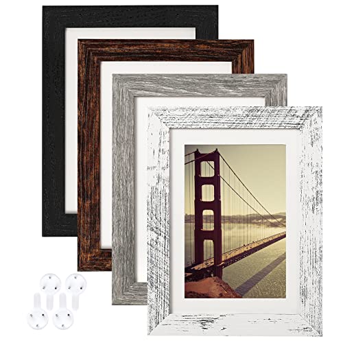 BAIJIALI 5x7 Picture Frame Distressed Farmhouse Wood Pattern Set of 4 with Tempered Glass,Display 4x6 Photos with Mat or 5x7 Without Mat, Horizontal and Vertical Formats for Wall and Table Mounting,Multicolour