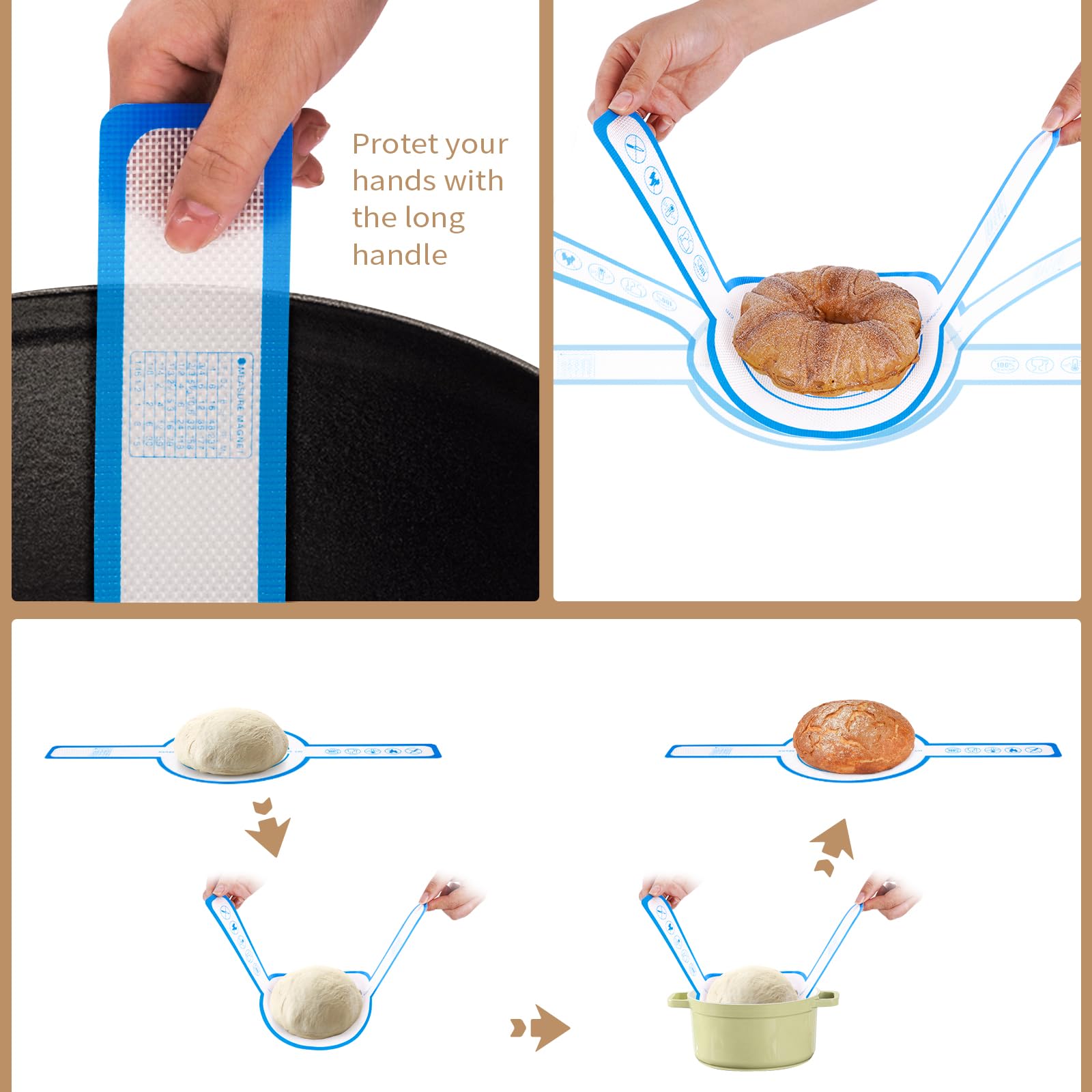 2 Pcs Silicone Baking Mat for Dutch Oven Bread Baking, 8.3 In Circular Bread Baking Mat with Long Handle to Turn Dough Easily, Reusable, Easy to Clean (Orange+Blue)
