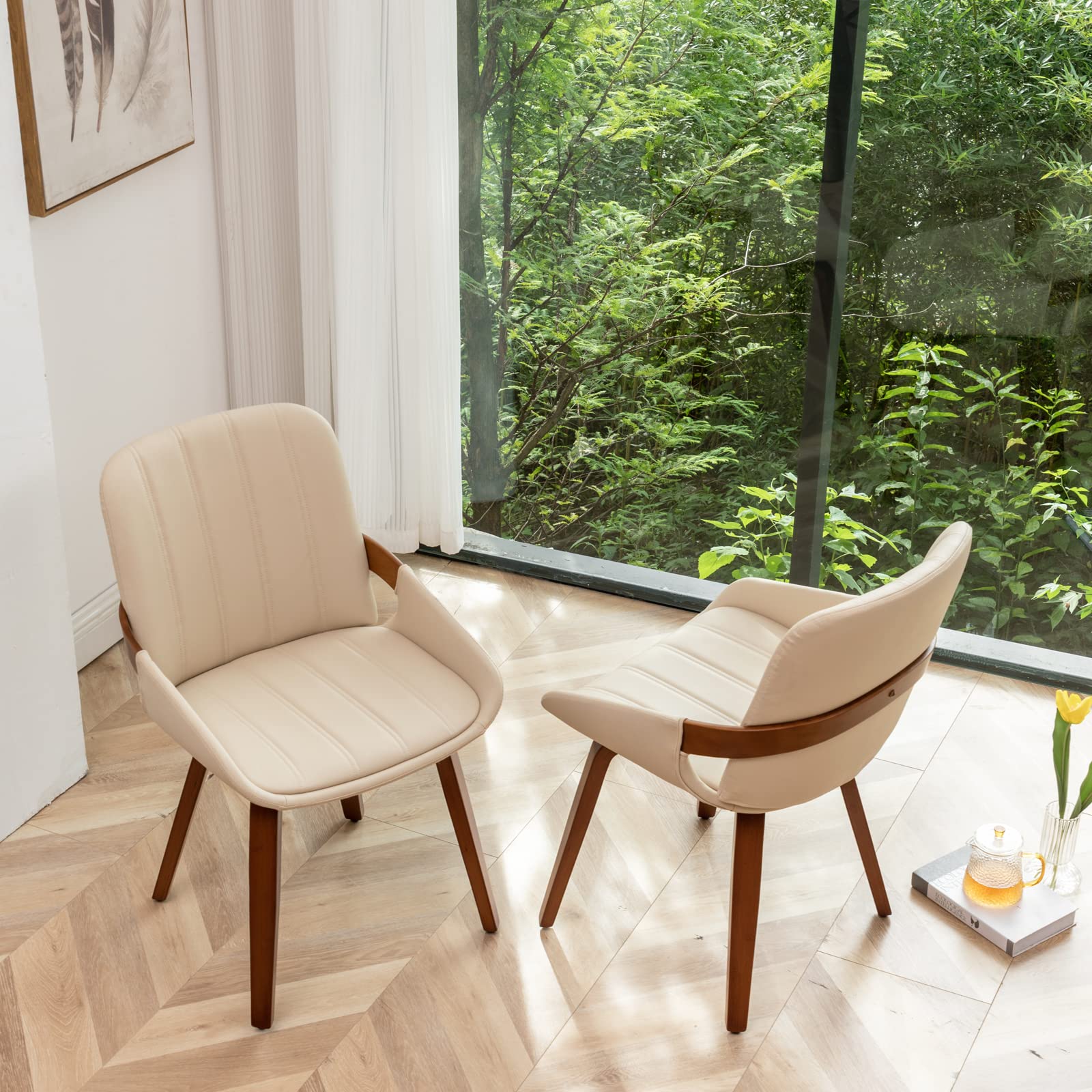 YOUUGIOR Mid Century Modern Faux Leather Upholstered Dining Chairs,Armless Accent Chairs with Sturdy Natural Wood Legs,Bamboo Backrest Support for Kitchen&Dining Room Chairs(Set of 4,Beige)