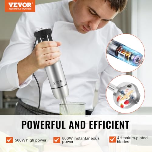 VEVOR Commercial Immersion Blender, 12-Speed Heavy Duty Immersion Blender, Stainless Steel Blade Copper Motor Hand Mixer, Portable Mixer with Measuring Cup, Whisk, Milk Frother, Silver