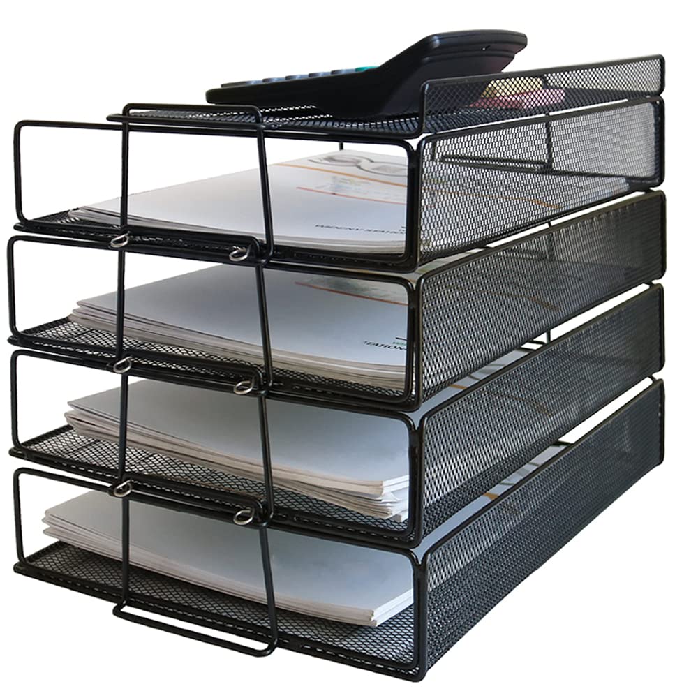 LUCYCAZ 4 Tier Desk Organizer - Stackable Paper Tray, Paper File Organizer for Desk, 5 Trays Mesh Stackable Paper Tray Desktop Document for School Home and Office, Black