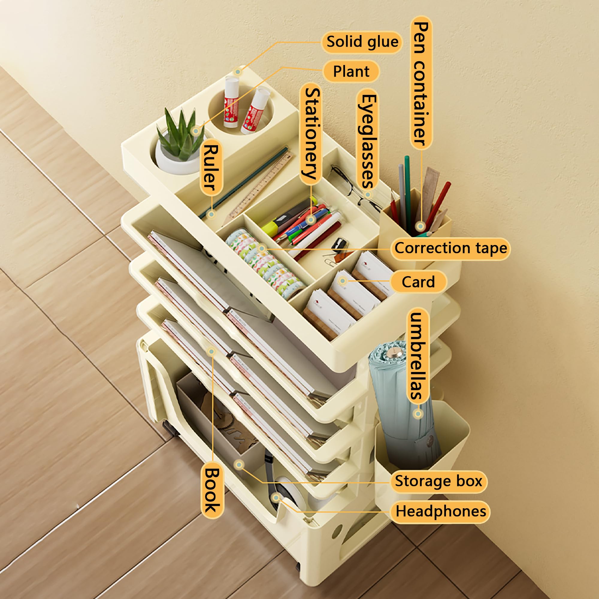 APBATS 5 Tier Removable Movable Bookshelf, Mobile Unique Bookcase, Utility Organizer Khaki Bookshelves with Wheels for Children Students Study in Bedroom Living Room Home School, Big-double-sided