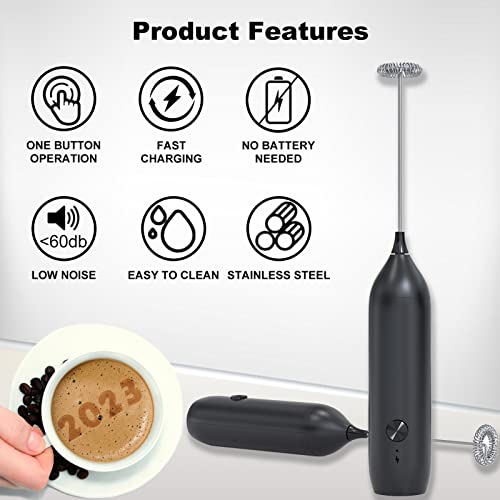 Rechargeable Milk Frother Handheld Electric Whisk Beater Foam Maker, Durable Mini Drink Mixer and Coffee Blender Frother for Coffee, Latte, Cappuccino, Frappe, Matcha, Hot Chocolate, Egg (Black)
