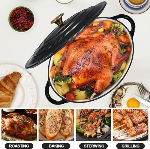 Enameled Cast Iron Oval Dutch Oven, 7 qt Oval Dutch Oven Pot with Lid and Dual Handles for Braising, for Braising, Broiling, Bread Baking, Frying, Black
