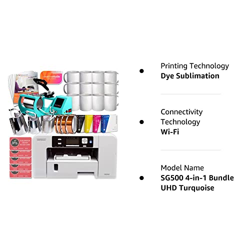 Sawgrass UHD Virtuoso SG500 Sublimation Printer Starter Bundle with Inks, Turquoise 4-in-1 Heat Pres, Paper, Tape, Blanks, Designs, Exclusive Content White
