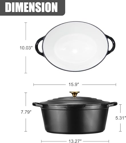 Enameled Cast Iron Oval Dutch Oven, 7 qt Oval Dutch Oven Pot with Lid and Dual Handles for Braising, for Braising, Broiling, Bread Baking, Frying, Black