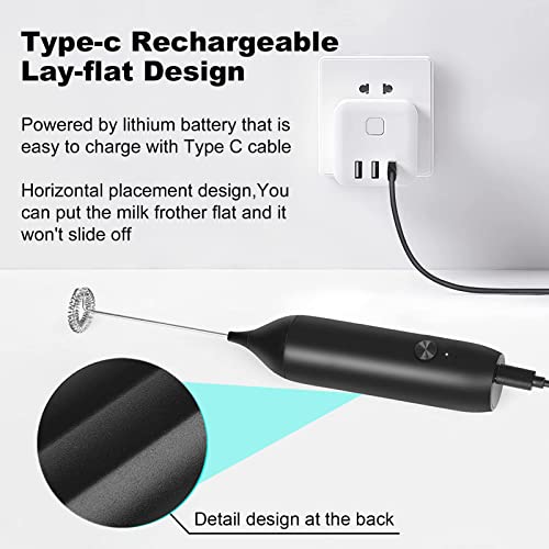 Rechargeable Milk Frother Handheld Electric Whisk Beater Foam Maker, Durable Mini Drink Mixer and Coffee Blender Frother for Coffee, Latte, Cappuccino, Frappe, Matcha, Hot Chocolate, Egg (Black)