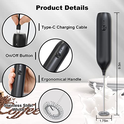 Rechargeable Milk Frother Handheld Electric Whisk Beater Foam Maker, Durable Mini Drink Mixer and Coffee Blender Frother for Coffee, Latte, Cappuccino, Frappe, Matcha, Hot Chocolate, Egg (Black)