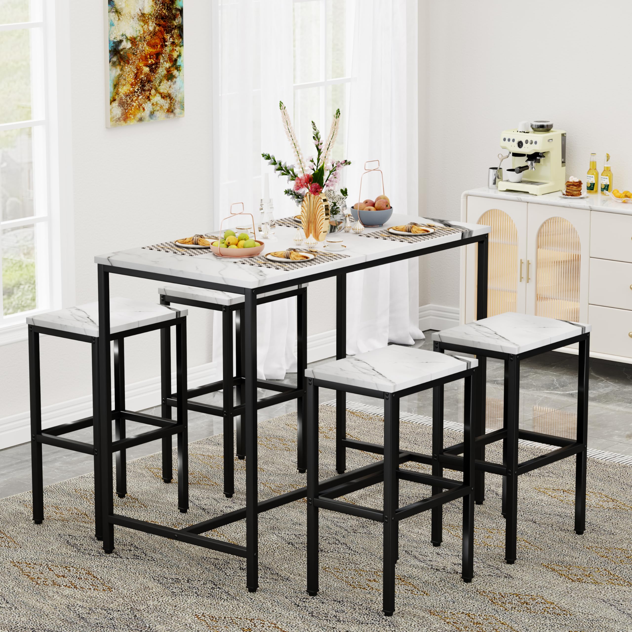 Yongchuang 5 Piece Bar Table Set, Kitchen Bar Table and Chairs Set of 4, Modern Metal Counter Height Table with Stools for Dining Room, Living Room Breakfast Table White Faux Marble Wood Top