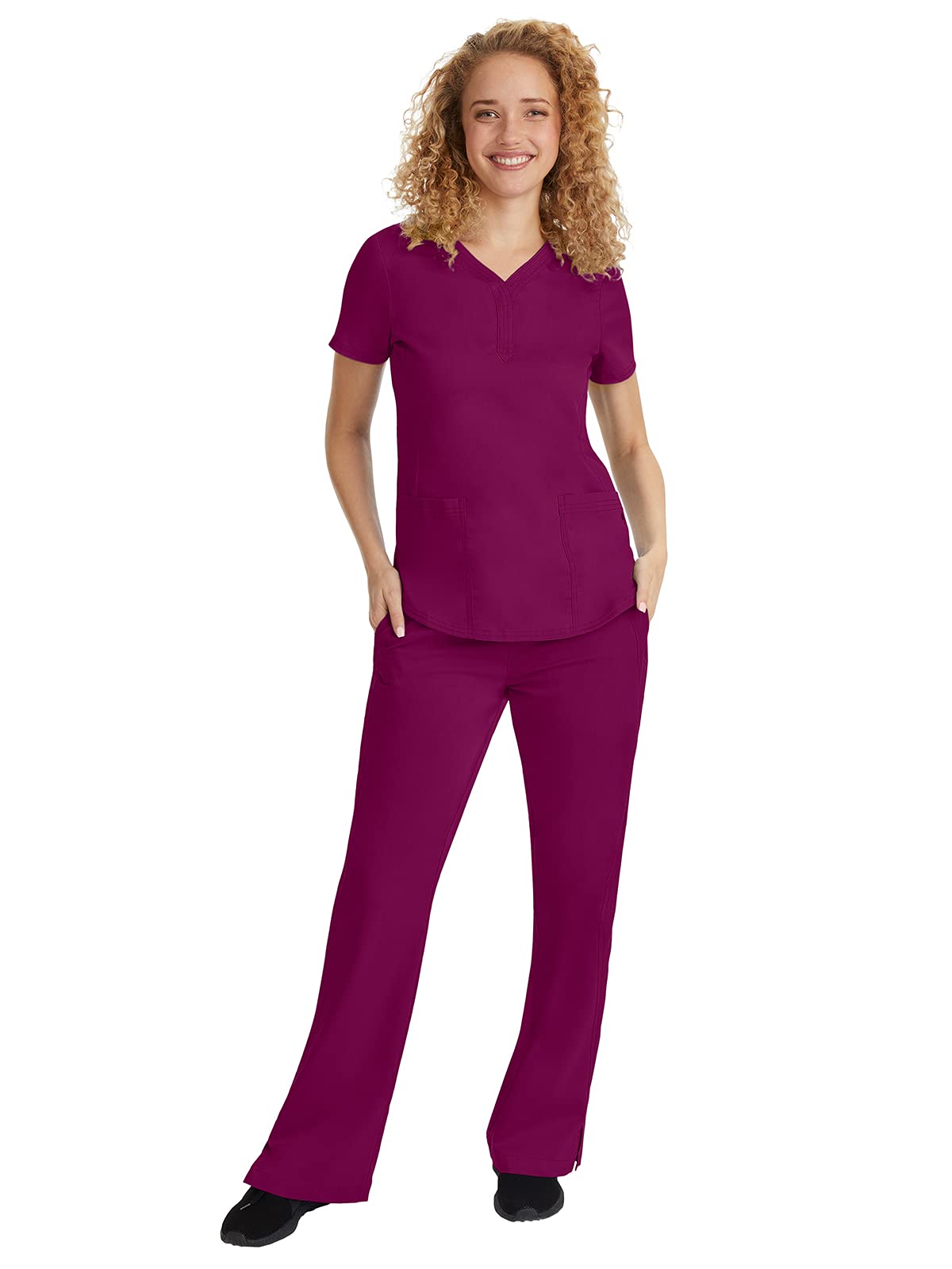 Healing Hands Women's Y-Neck Scrub Top with 2 Pockets, Knit Details, Shirttail Hem, and 2-Way Stretch Fabric 2167, Large, Wine