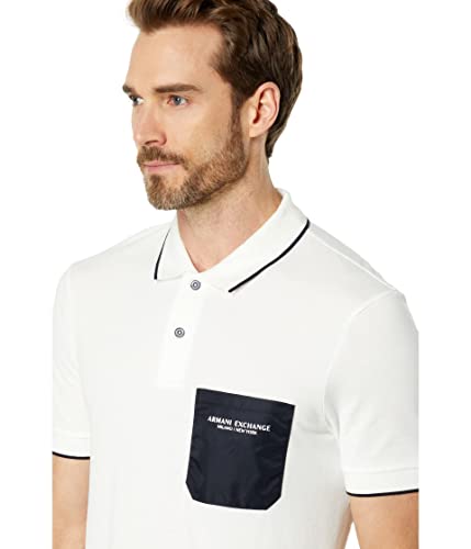 A|X ARMANI EXCHANGE Men's Nylon Logo Pocket Polo Shirt, Off White/Deep Navy, XL