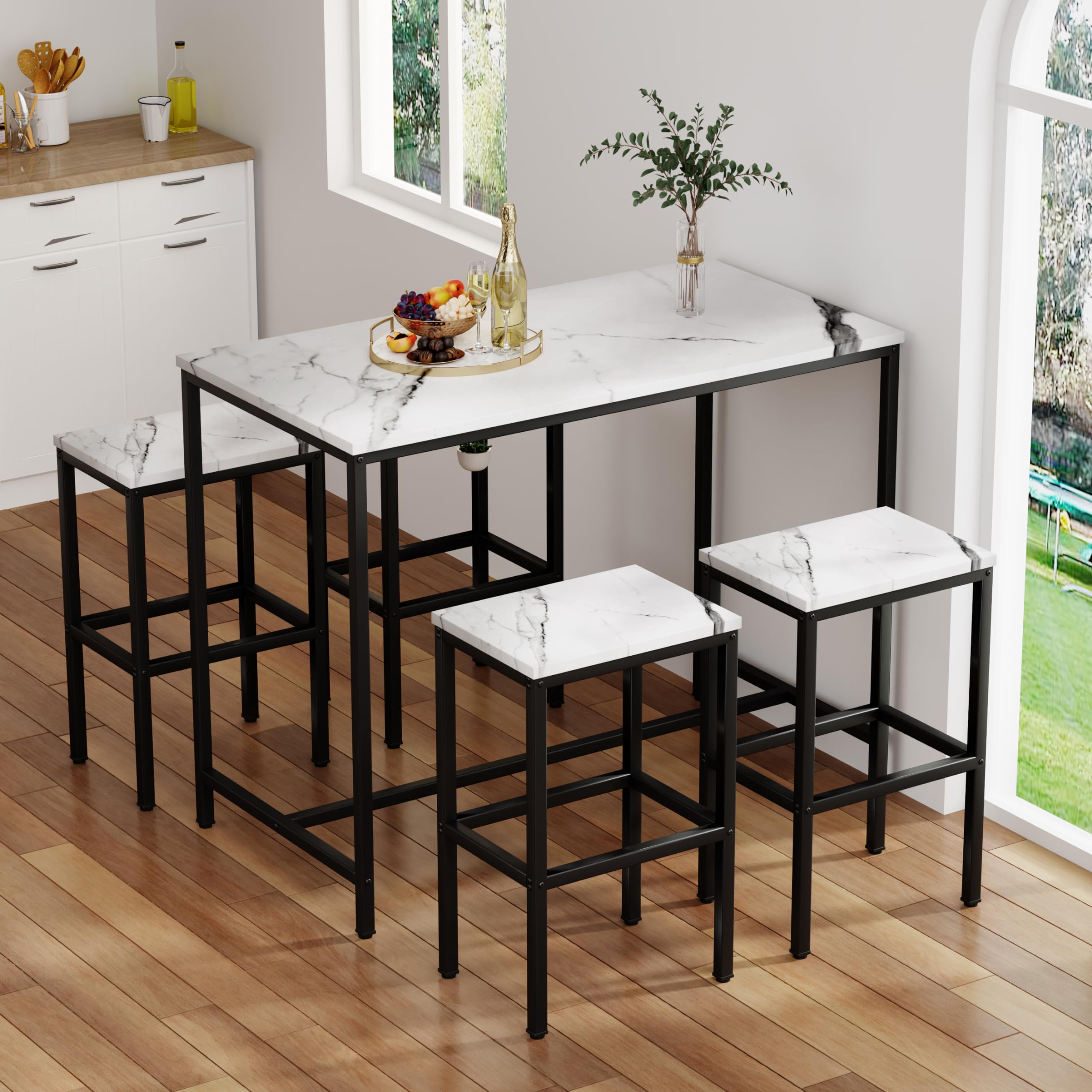 Yongchuang 5 Piece Bar Table Set, Kitchen Bar Table and Chairs Set of 4, Modern Metal Counter Height Table with Stools for Dining Room, Living Room Breakfast Table White Faux Marble Wood Top