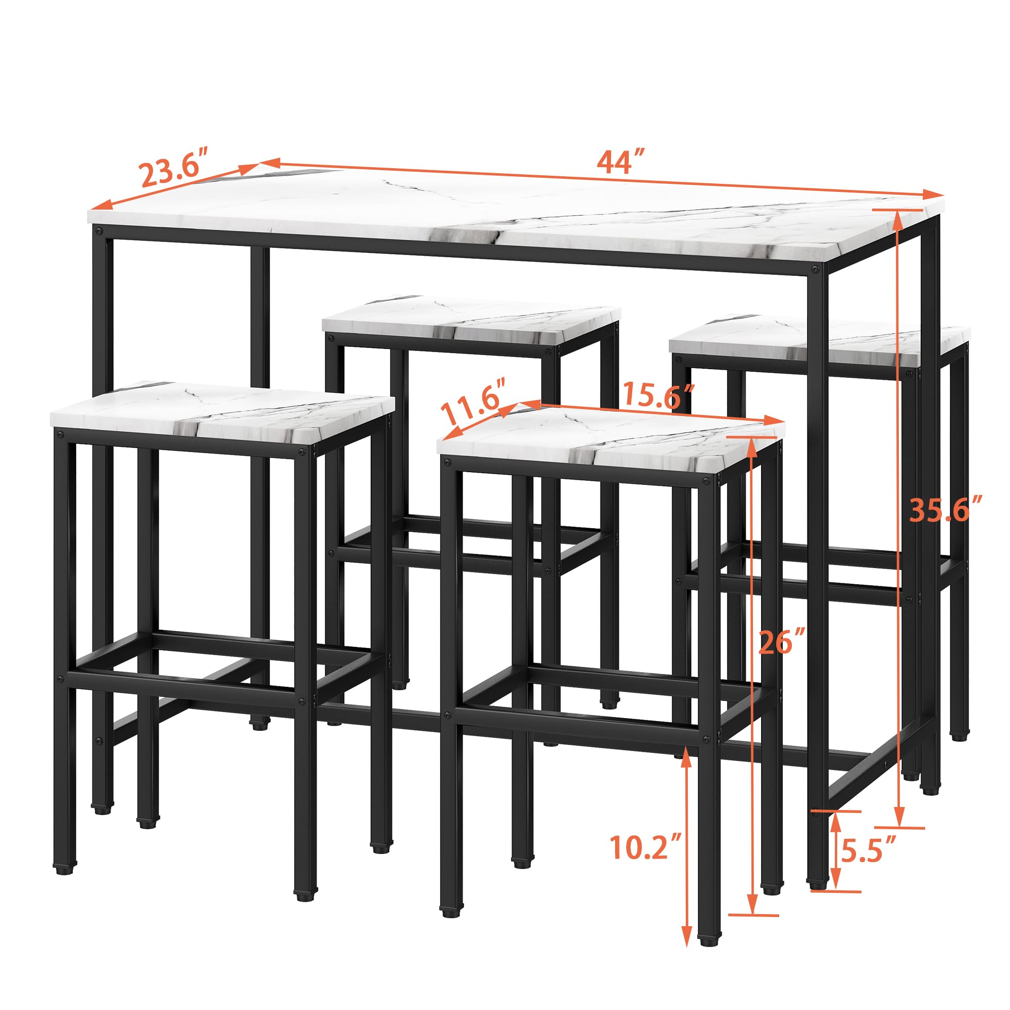 Yongchuang 5 Piece Bar Table Set, Kitchen Bar Table and Chairs Set of 4, Modern Metal Counter Height Table with Stools for Dining Room, Living Room Breakfast Table White Faux Marble Wood Top