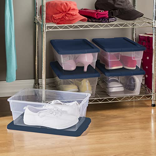 Sterilite Stackable 6 Quart Clear Home Storage Box with Handles and Blue Lid for Efficient, Space Saving Household Storage and Organization, 5 Pack
