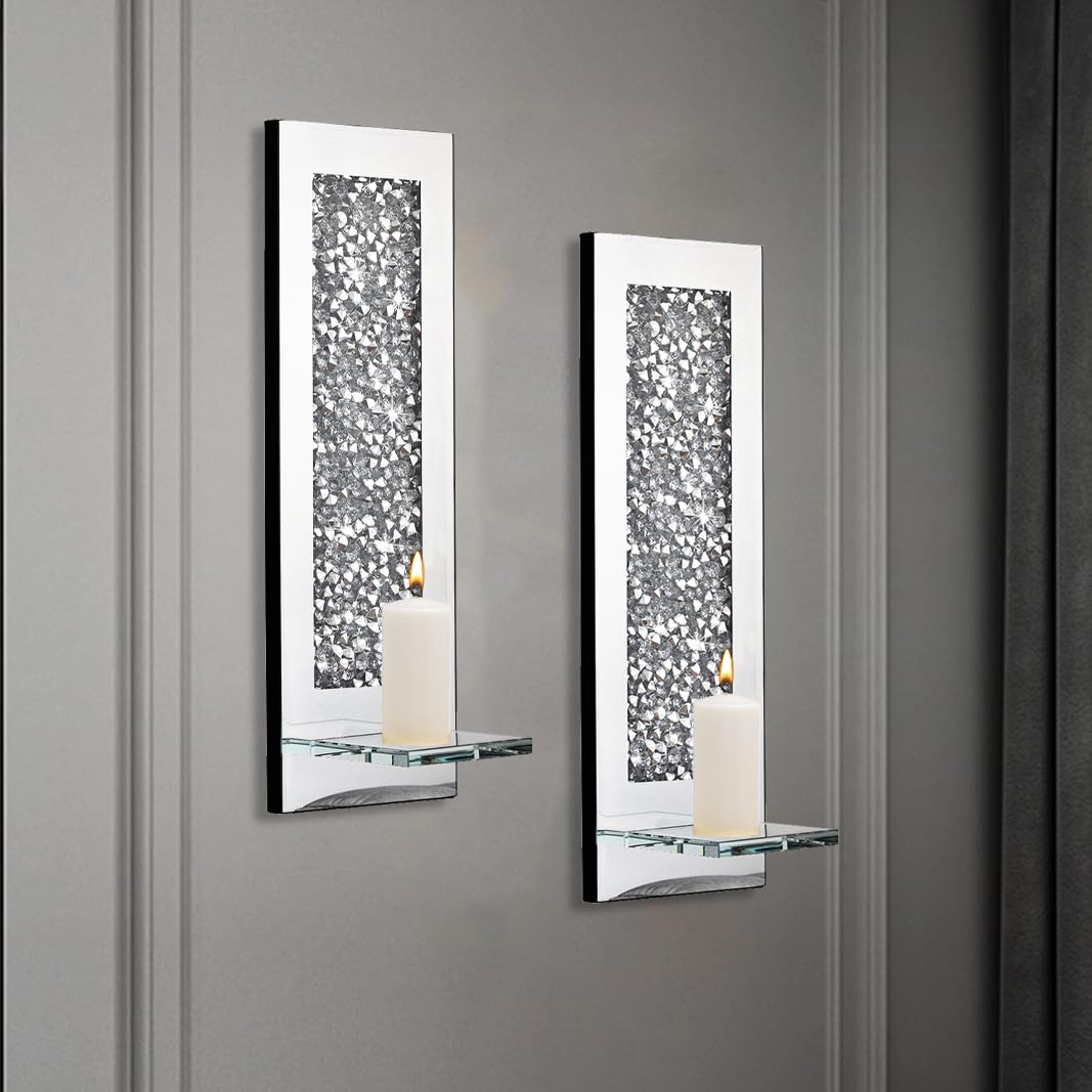 Pibeyer Crystal Crush Diamond Wall Candle Holder Set of 2, Rectangle Silver Mirrored Candle Sconces, Home Wall Decoration for Living Room,Dining Room & Bedroom